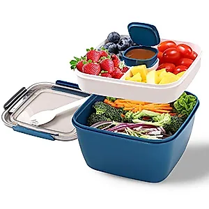 Portable Salad Lunch Container - 38 Oz Salad Bowl - 2 Compartments with Dressing Cup, Large Bento Boxes, Meal Prep to go Containers for Food Fruit Snack