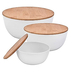 Panghuhu88 Salad Bowl with Lid, Set of 3 (7" + 8.8" + 11") Serving Bowl with Bamboo Cover, Bamboo Fiber Mixing Bowl for Salad Cereal Pasta Soup Fruit Popcorn Chips (White)