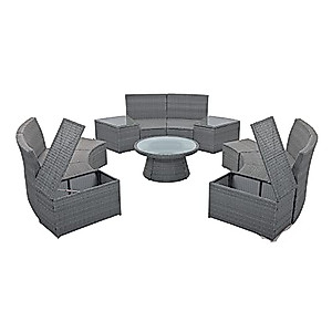 DHPM 10-Piece Half-Moon Sectional Patio Furniture Set Curved Outdoor Sofa with Tempered Glass Round Coffee Table, Light Gray
