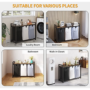 LIVEHOM Laundry Basket Three Laundry Hamper with Removable Bags, Fabric Handles, Large Top Shelf and Laundry Bag for Bathroom, Dorm, Laundry Room