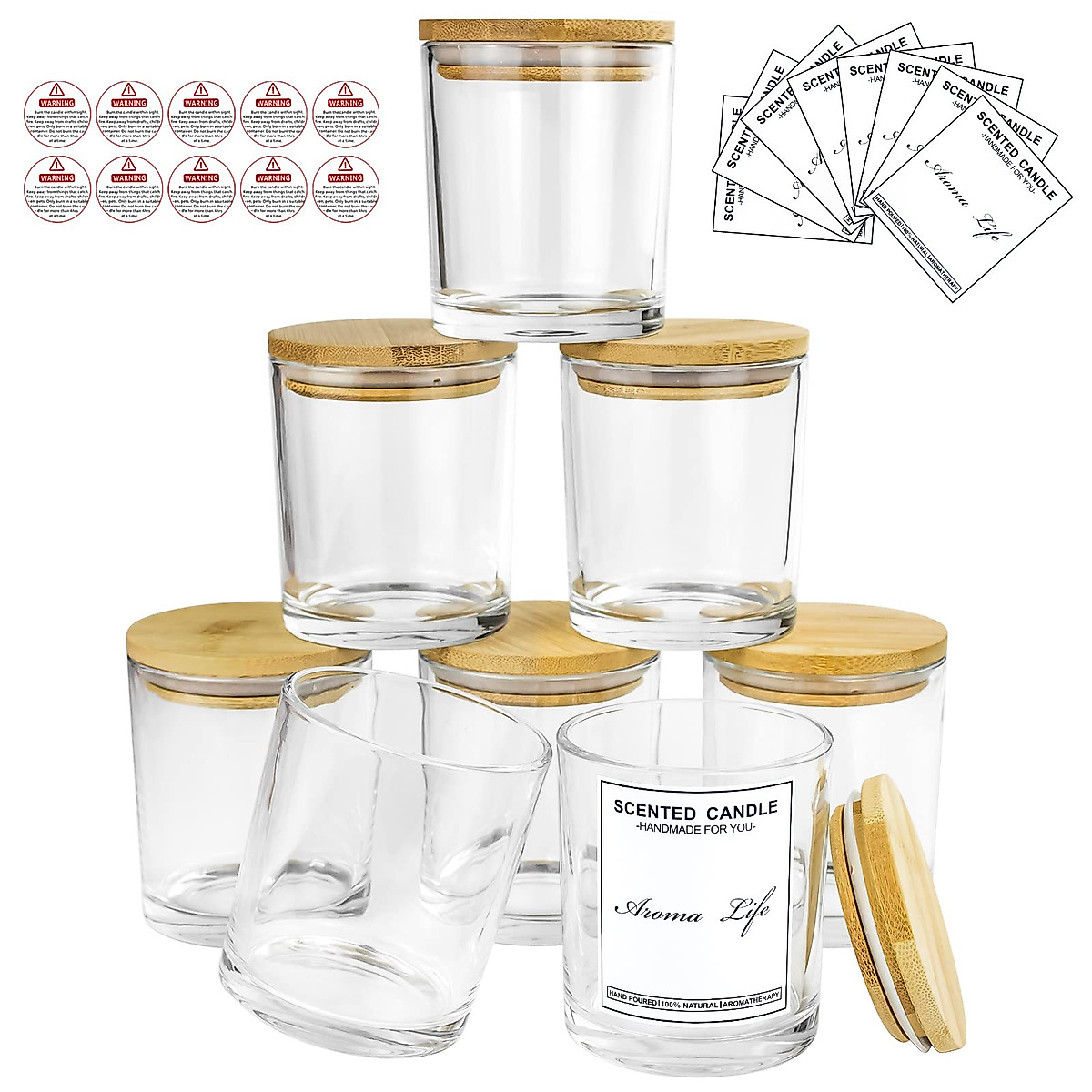 10oz, 8 Pack Thickened Glass Candle Jars with Bamboo Lids, Candle Containers, Candle Vessels for Hand Candle Making DIY Craft (Clear)