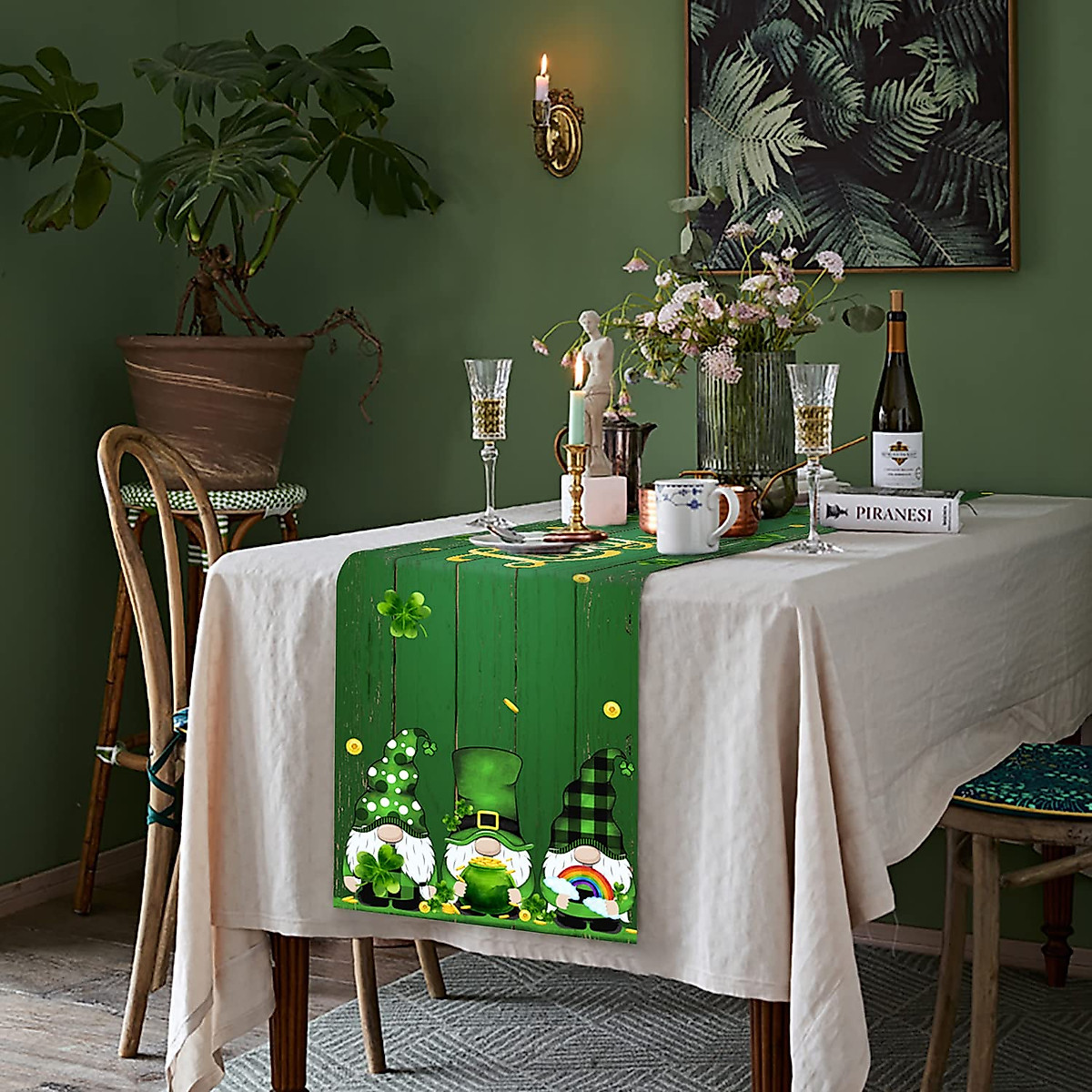 Flyart St Patricks Day Table Runner, Spring Green Gnome Shamrock Decor Table Runners for Kitchen Dining Coffee Home Wedding Parties, Holiday Burlap Table Runners for St Patrick Decor (13x36 inch)