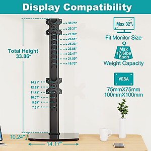MOUNT PRO Vertical Dual Monitor Stand for 2 Computer Screen up to 32 Inch, Stacked Monitor Mount, Free-Standing Monitor Desk Stand with Swivel, Tilt, Height Adjustable, VESA Stand 100 x 100