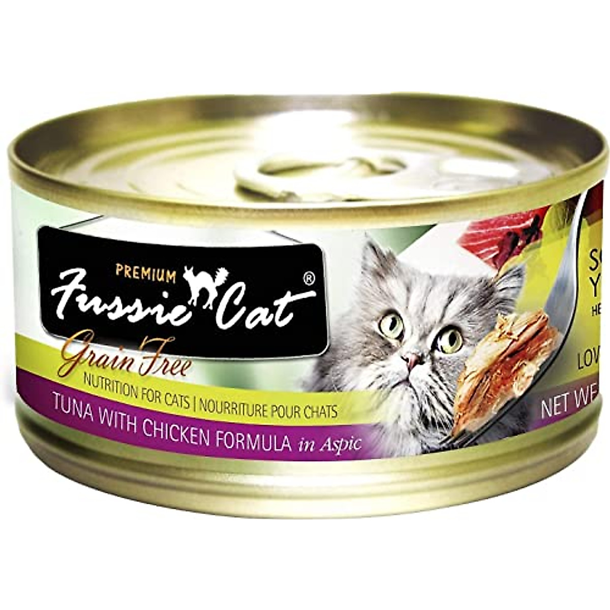 Fussie Cat Premium Canned Grain Free Cat Wet Food - Variety Bundle 4 Flavors Pack with HS Pet Food Bowl (12 Cans) (Tuna & Ocean Fish- Tuna & Salmon - Tuna & Shrimp - Tuna & Chicken) (2.82 Oz)