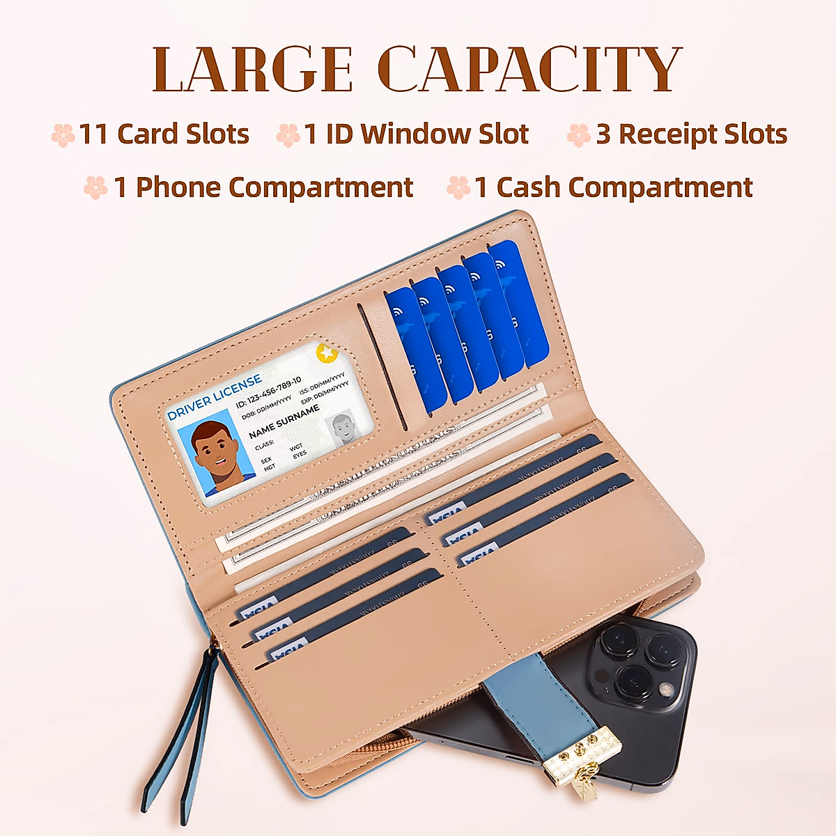 Sweet Cute Chocolate Women's Long Leaf Bifold Wallet Leather Card Holder Purse Zipper Buckle Elegant Clutch Wallet Handbag for Women-Blue