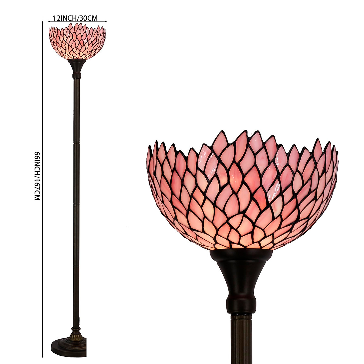 WERFACTORY Tiffany Floor Lamp Pink Stained Glass Wisteria Light 12X12X66 Inches Pole Torchiere Standing Corner Torch Uplight Decor Bedroom Living Room Home Office S523P Series