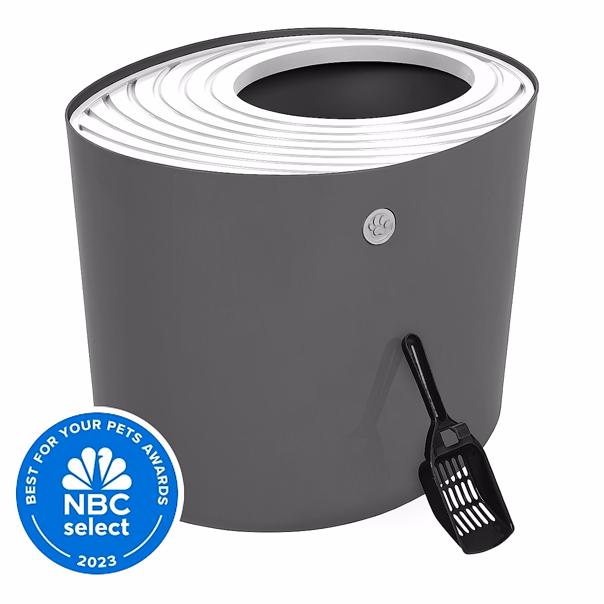IRIS USA Large Top Entry Cat Litter Box with Scoop, Stylish Round Cat Litter Box Enclosure, Kitty Litter Box, Dark Gray/White