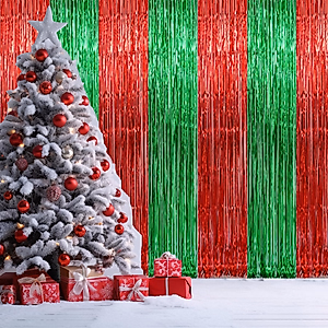 2 Pack 3.2ft x 9.8ft Christmas Metallic Foil Fringe Curtain, Red Green Tinsel Curtains Streamer Large Party Photo Booth Props Backdrops for Happy New Year Birthday Wall Door Indoor Outdoor Decorations