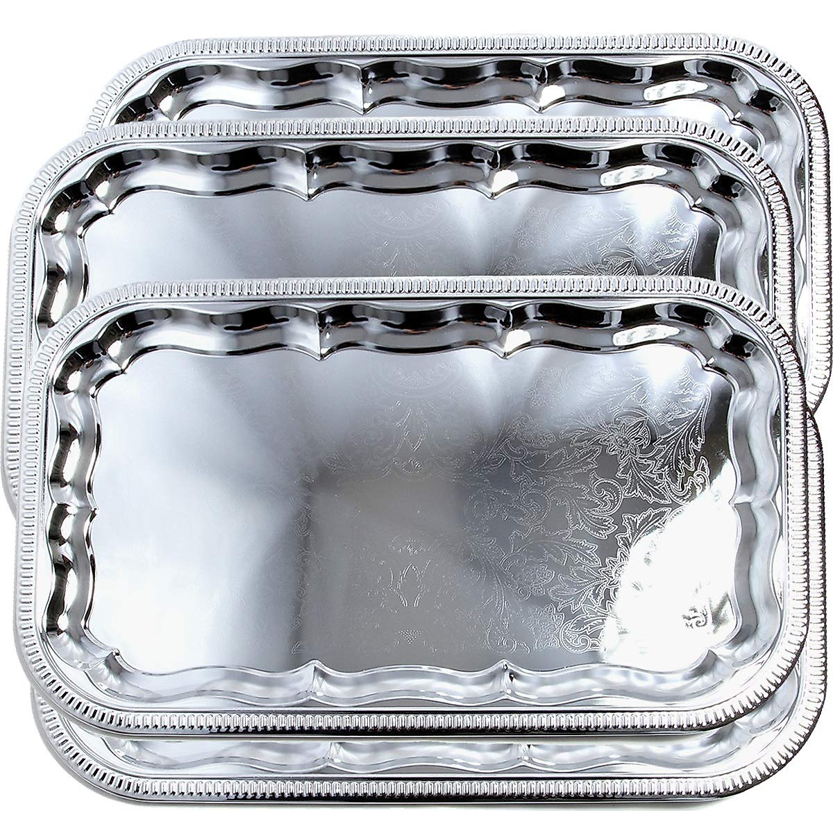 Maro Megastore (Pack of 4) 20.9" x 12.8" Traditional Rectangular Trim Floral Pattern Engraved Catering Chrome Plated Serving Plate Mirror Tray Platter Tableware Holiday Party Serving (Large) T227L-4PK