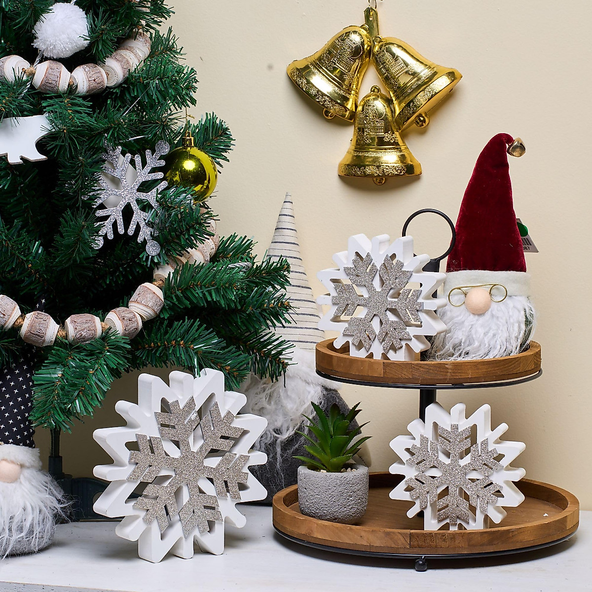 GENMOUS & CO. Farmhouse Tiered Tray Decor with Distressed Wood Bead Garland, Decorative 2 Tiered Serving Tray with Metal Handle for Rustic Home Décor