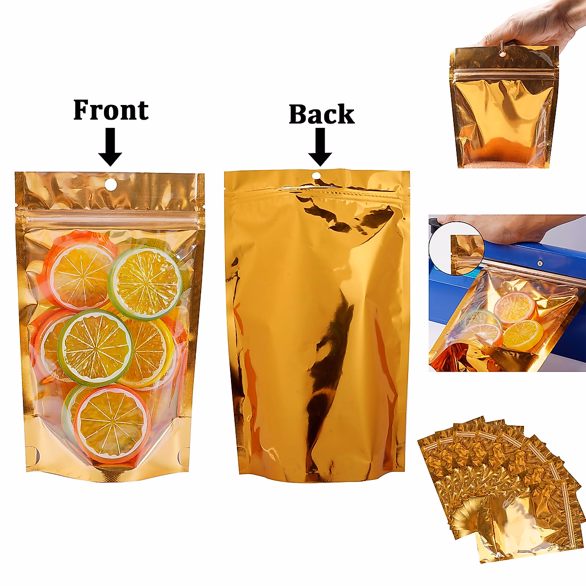 100 Pack Mylar Bags for Food Storage Resealable Aluminum Foil Stand Up Pouch with Window & Hang Hole 3.94×7.08 Inch Reusable Zipper Lock Food Packaging Heat Seal Bags for Small Business & Home - Gold