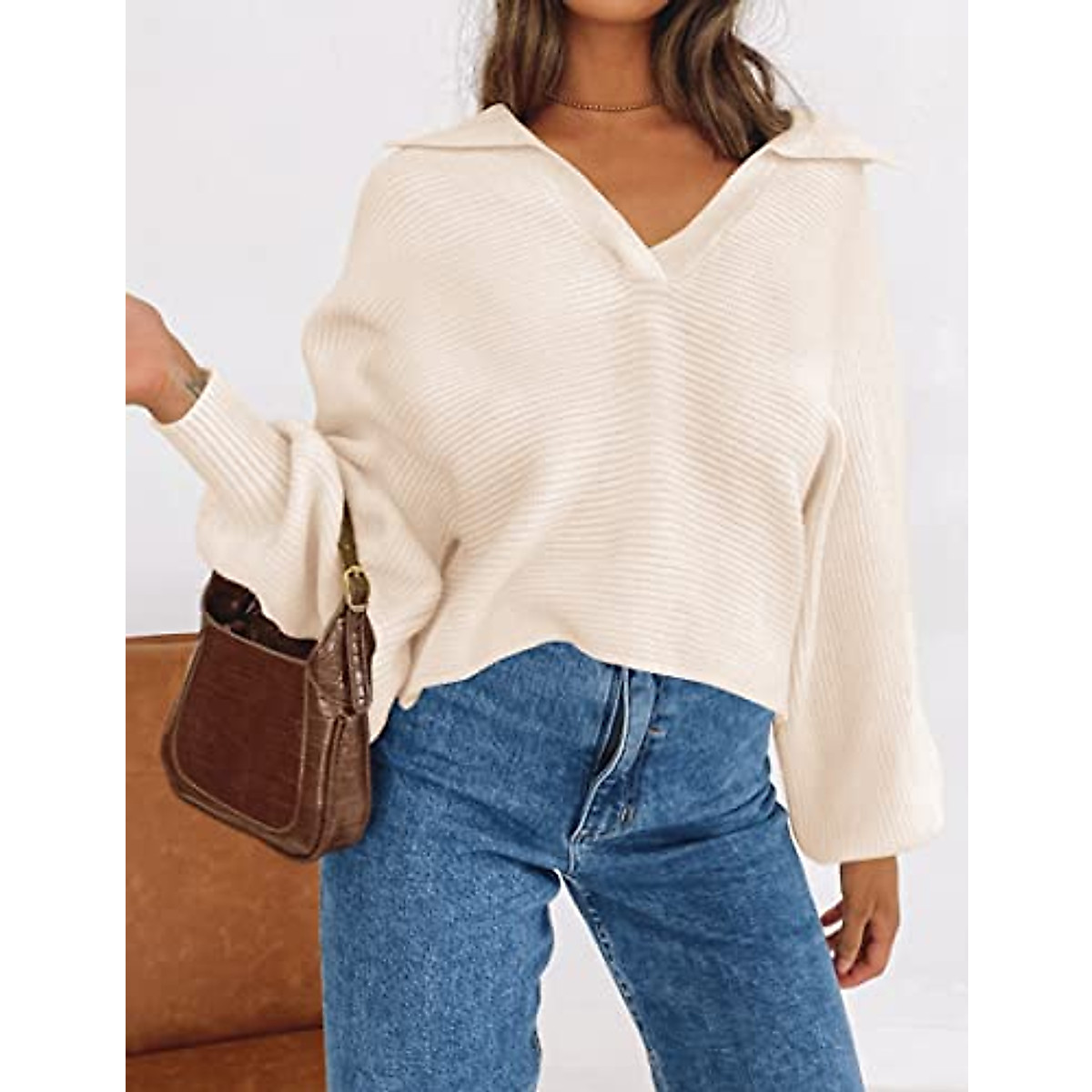 ZESICA Women's 2023 Fall Lapel Collar V Neck Long Sleeve Ribbed Knit Comfy Loose Casual Pullover Sweater Jumper Top,Beige,Medium