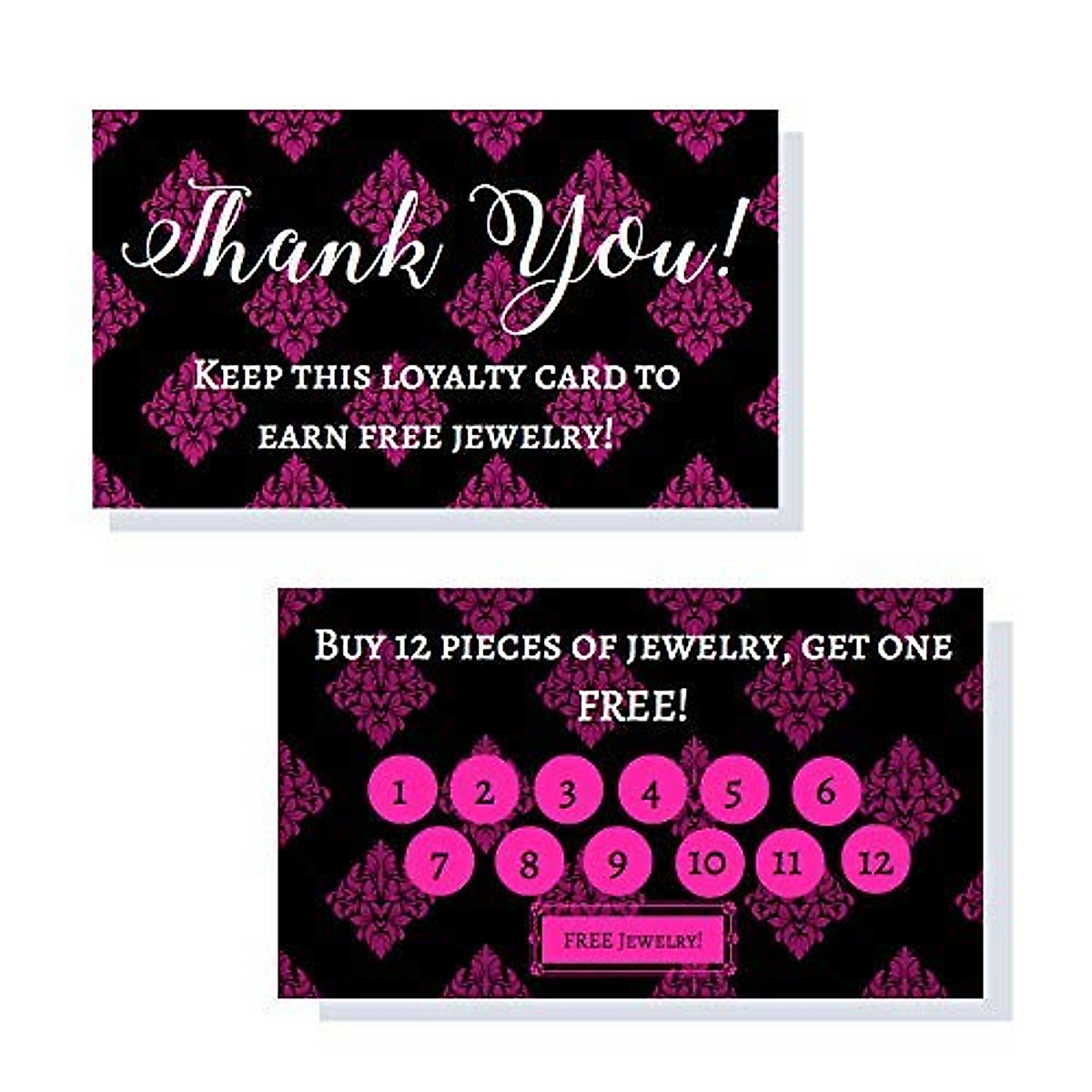 Jewelry Loyalty Cards | 50 Pk of Cards| Thank You Notes Black and Pink Fleur | 5 Bling Buy 12 Get One Piece of Jewelry Free