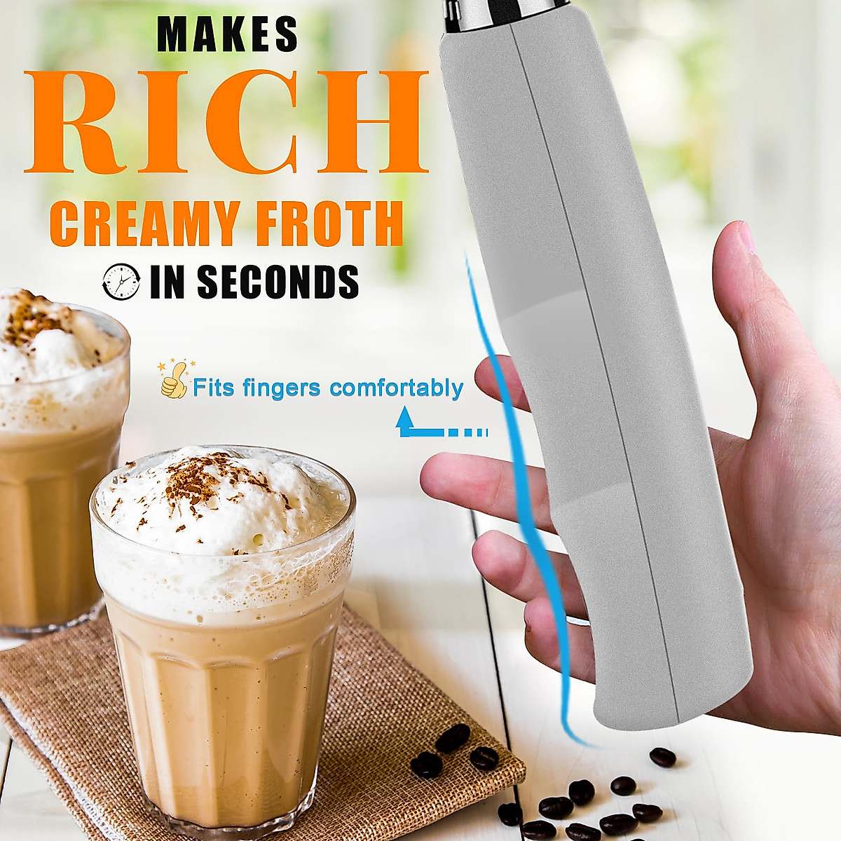 YUSWKO Rechargeable Milk Frother Handheld with 3 Heads, Silver Coffee Electric Whisk Drink Foam Mixer, Mini Hand Stirrer with 3 Speeds Adjustable for Latte, Cappuccino, Hot Chocolate, Egg