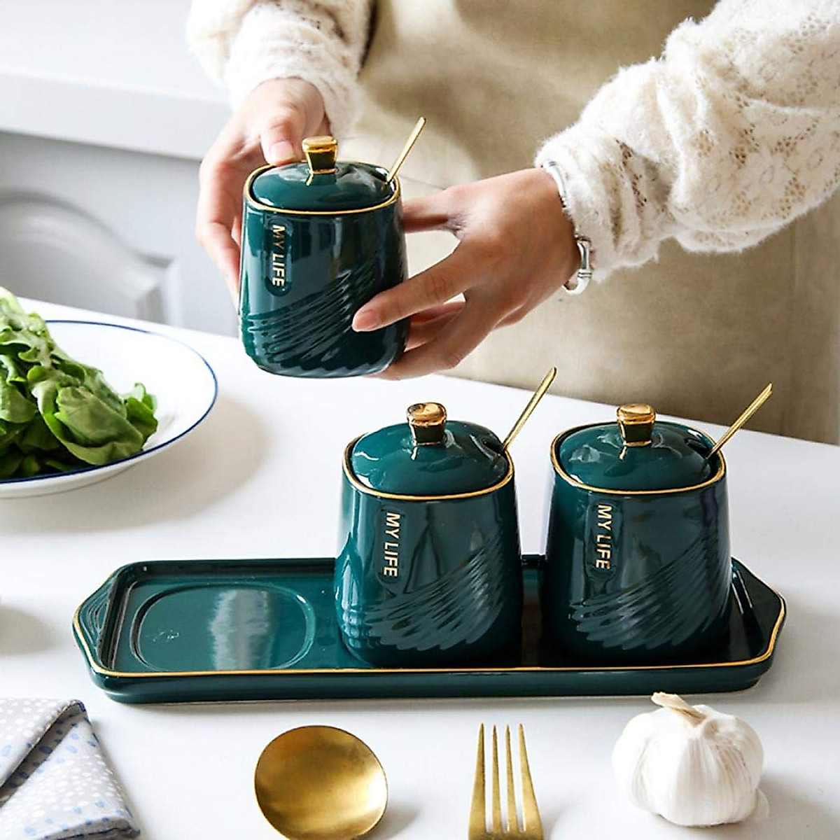 3pcs per Set Ceramic Condiment Pots with Tray, Seasoning Box Condiment Pots, Ceramic Sugar Bowl with Lids and Spoons, Container Spice Jar Salt Cellar for Kitchen (White)