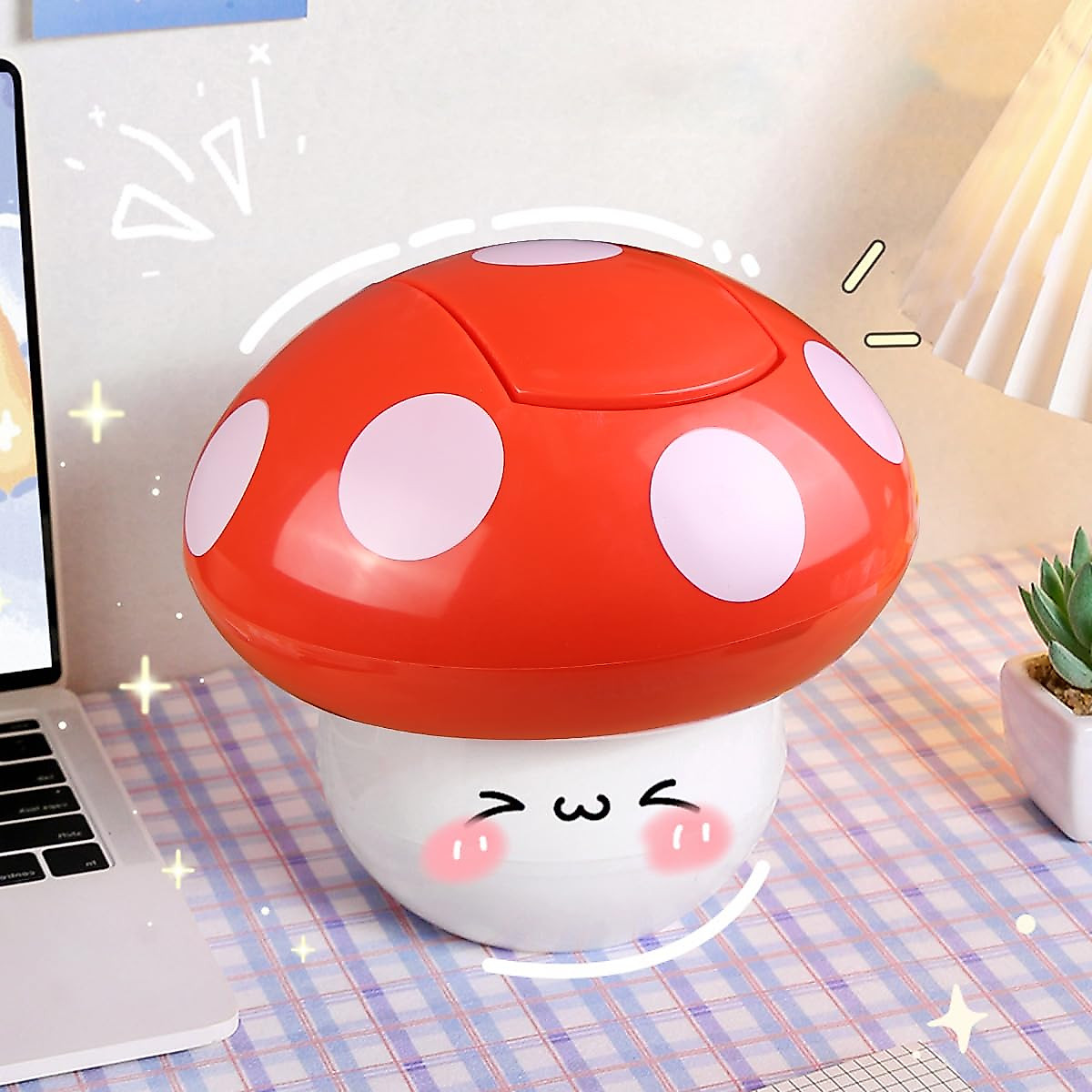 MiellyTava Mini Trash Can Mushroom Trash Can Mushroom Waste Bin Desktop Garbage Bin Cute Waste Basket with Lid for Home OfficeKitchen Trash Can