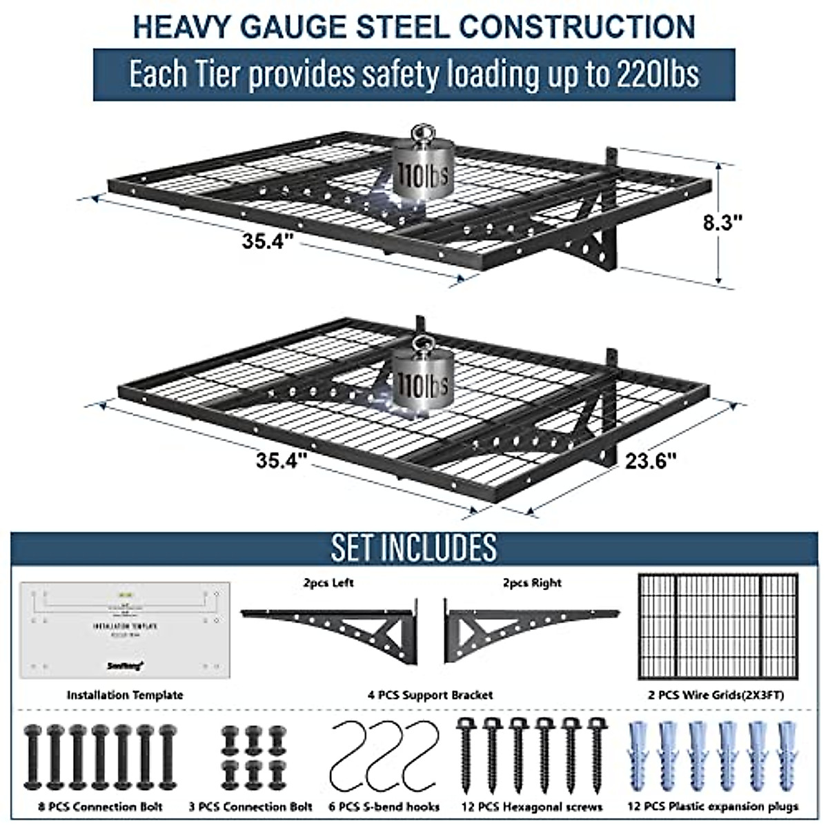 Sanhang 2-Pack 2x3ft Garage Storage Rack, Suitable for Garage, Storage Room Wall-Mounted Storage Shelf, Black