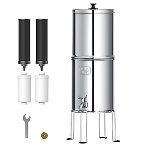 AQUA CREST Gravity Water Filter System, 304 Stainless Steel Countertop System with 4 Filters and Anti-Slip Stand, Reduce Fluoride and Chlorine, 2.25G, for Home, Camping, RVing, Off-Grid, Emergencies