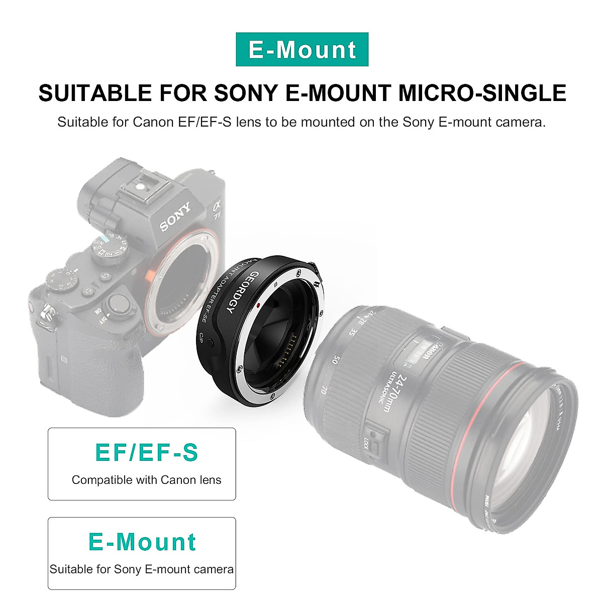 GEORDGY EF/EF-S Lens Mount Adapter Compatible with Canon EF/EF-S Lens for Sony E Mount Mirrorless Cameras Series A9 A7R5 A7R4 A7R3 A7R2 A7R4A A7M3 A7M2 A7R A7S A7 A7C Auto-Focus Lens Converters Ring