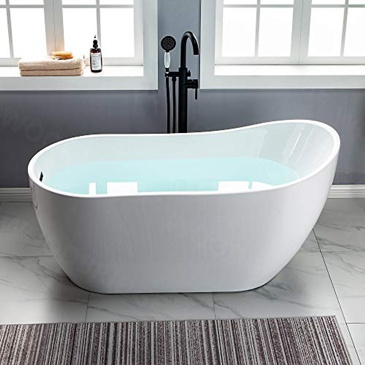 WOODBRIDGE 59" Acrylic Freestanding Bathtub Contemporary Soaking White Tub with Matte Black Overflow and Drain，B1530 -MB-Drain &O
