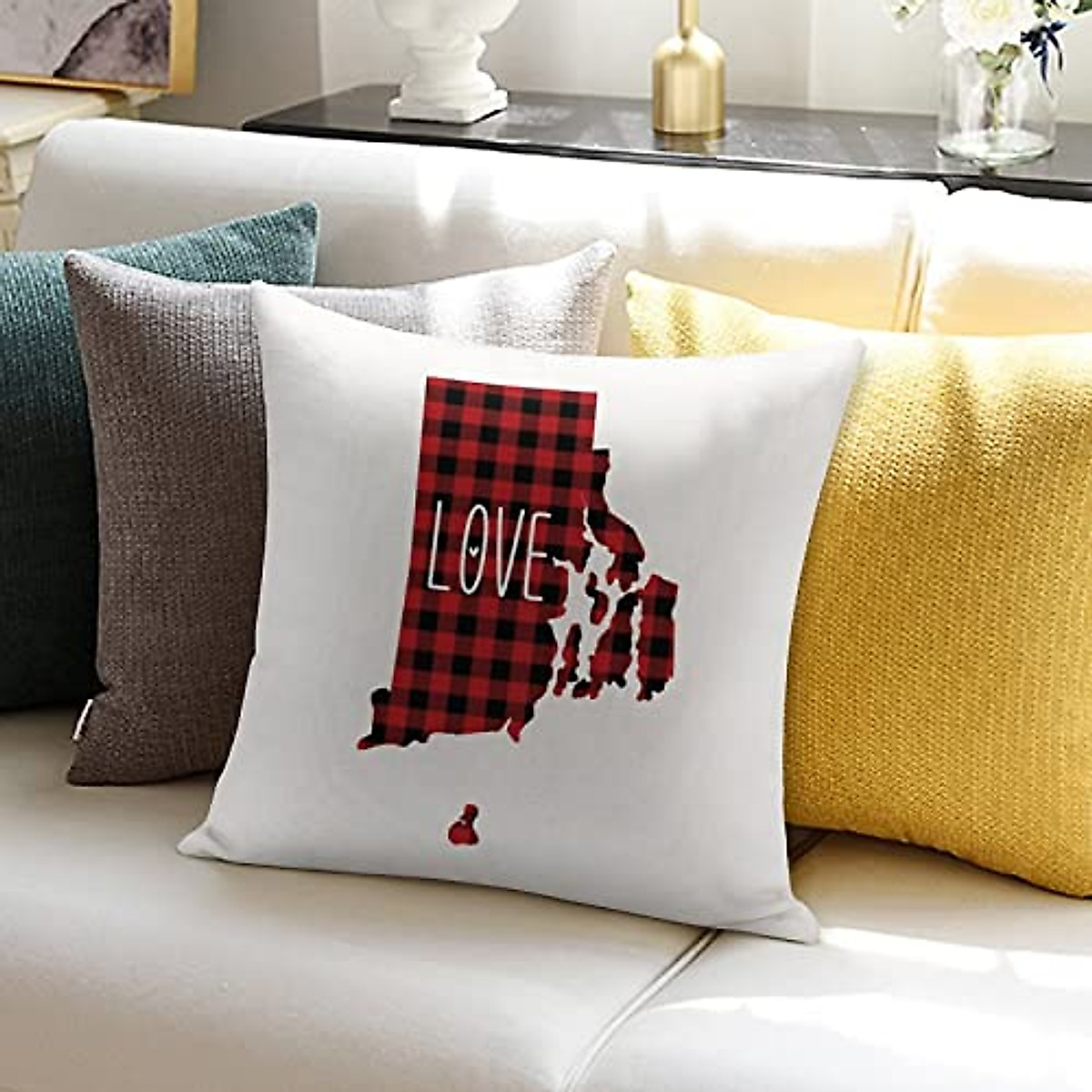 Red Black Buffalo Plaid Rhode Island State Map Throw Pillow Covers Love Pillow Case Home State Cushion Cover Going Away Gift Valentine's Day Decor Square Pillowcase Gift for Him 22"x22"