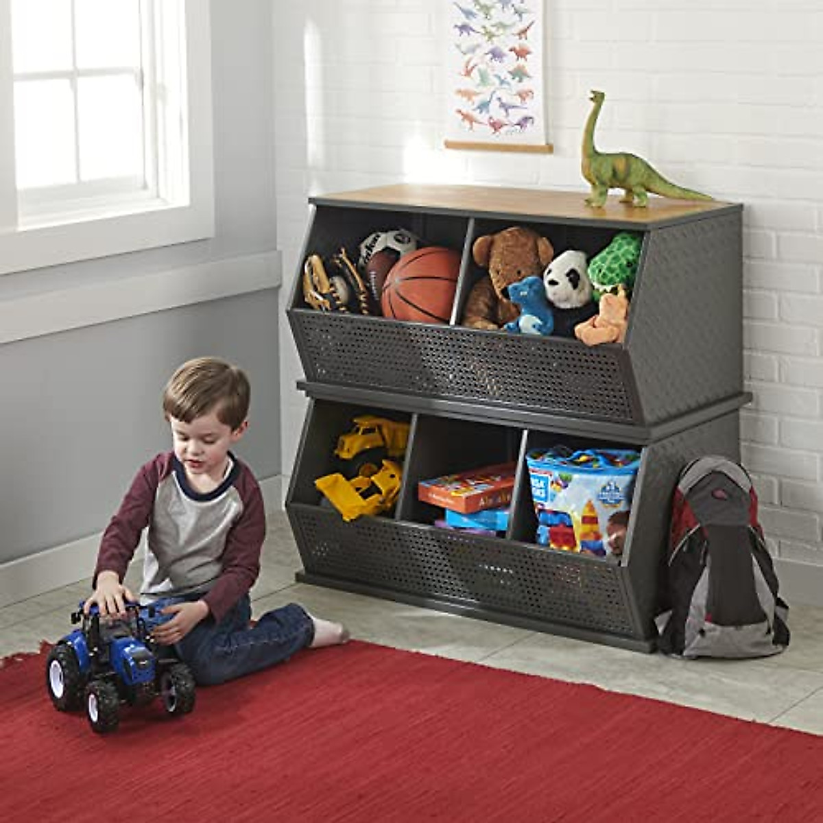 Badger Basket Metal and Bamboo Two Bin Stackable Charcoal/Natural Toy Storage Cubby