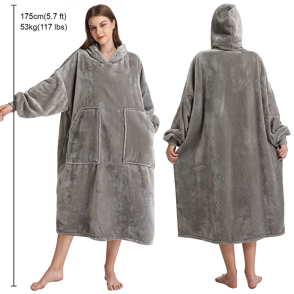 Kipswiza Oversized Wearable Blanket Flannel Soft Long Hoodie Blankets for Adults-Light Grey