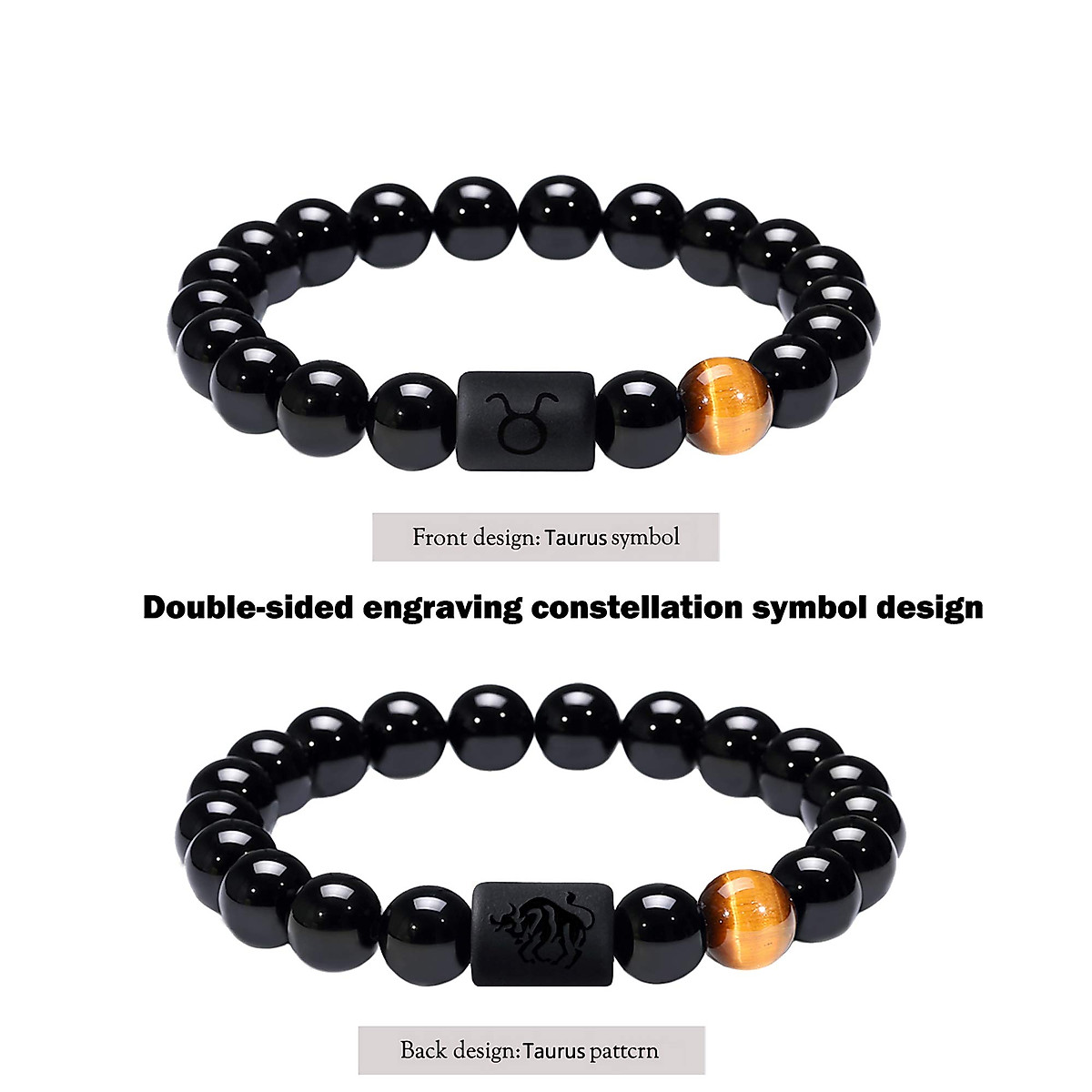 Jade cabbage Couple Bracelet for Men Women 12 Constellation 8mm 10mm Natural Black Onyx Bead Bracelet Distance Friendship Prayer Blessing Bracelet Gifts 6.5"