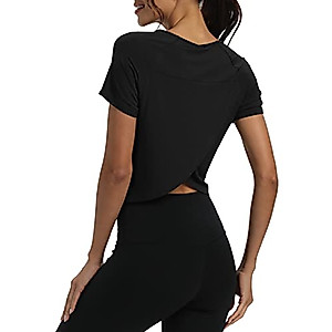 Mippo Workout Gym Shirts Short Sleeve Athletic Active Wear Top Work Out Tshirts Exercise Pilates Clothes Cute Open Back Backless Tank Tops Summer Going Out Top for Women Loose Fit Black S