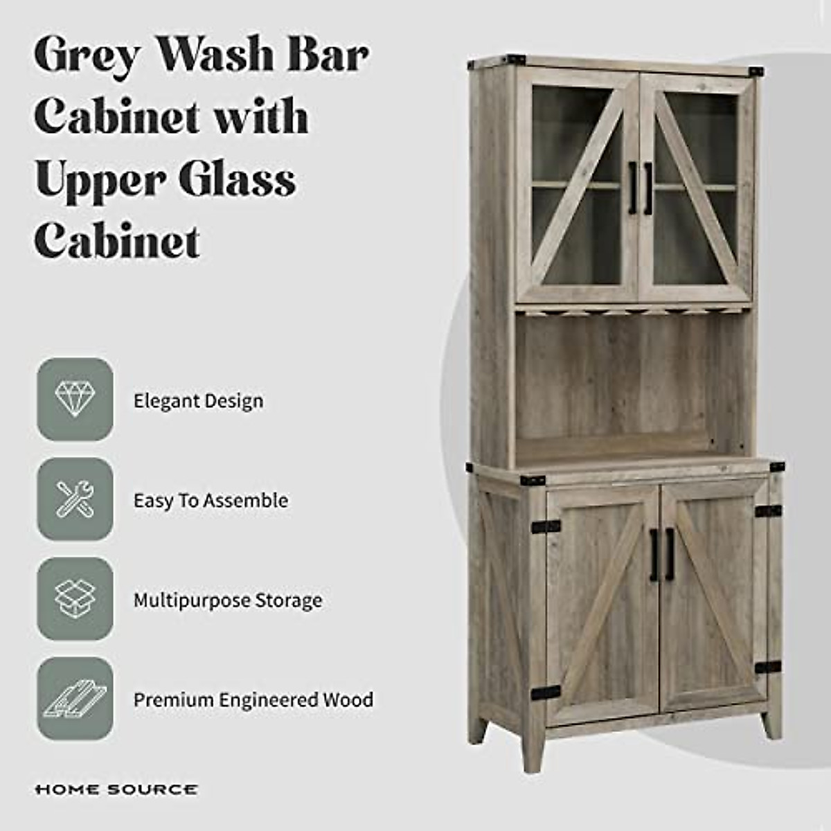 Home Source 72" Tall Wood Kitchen Storage cabinets with Doors, Transparent Glass Doors, Wine Cup Holder, Liquor Shelves Large Storage Pantry Pantry for Kitchen, Bar, Living Room