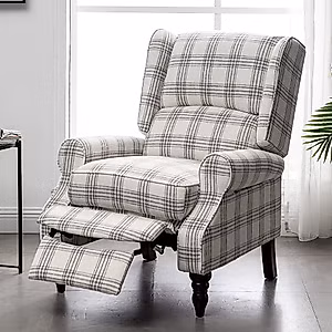 MELLCOM Upholstered Wingback Massage Recliner Chair,Traditional Push Back Recliner with Padded Seat,Mid Century Modern Lounge Chair Armchair with Wired Remote for Living Room Bedroom,Beige Plaid