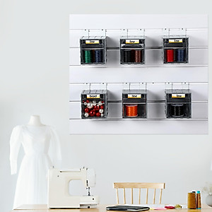 Huwena 6 Pack Slatwall Bins with Metal Utility Hooks Set Slat Wall Baskets Slatwall Tip Out Bin with Labels Wall Mount Slatwall Containers Hanging Storage Organizer for Garage Work Room Panel