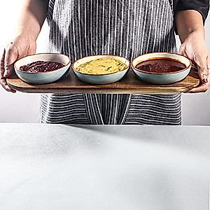 Artena Rimmed Soup Bowls 18oz, Pasta Bowls Set of 4, White Porcelain Salad Bowls, 9 inch Deep Soup Plates & 6oz Turquoise Solid Ceramic Chips and Dip Serving Platter with Acacia Wooden Tray