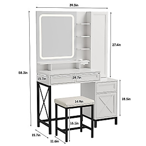 Maupvit Vanity Desk with HD LED Mirror,White Vanity with Large Jewelry Cabinet,Lots Storage Shelves,3 Drawers & Cabinets,Vanity with Charging Station,3 Lighting Modes, Brightness Adjustable