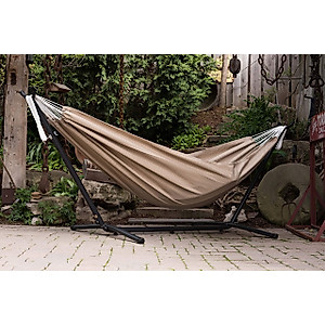 Vivere Double Sunbrella® Hammock with Space Saving Steel Stand, Sand (450 lb Capacity - Premium Carry Bag Included)