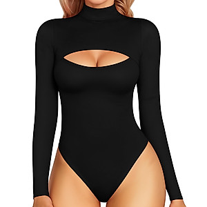 MANGOPOP Black Bodysuit Mock Neck Cutout Front Long Sleeve Tops