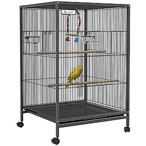 Pawhut Metal Bird Cage with Stand for Parrots, Lovebirds, Finches, Large Bird Cage with Swing, Stainless Steel Bowls, Removable Tray for Small Birds, Gray