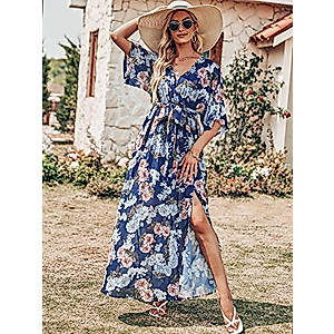 ANRABESS Women’s Summer Loose Boho Flowy Wrap V Neck 3/4 Sleeve Floral Print Slit Beach Wedding Guest Long Maxi Dresses Navy Flor Large