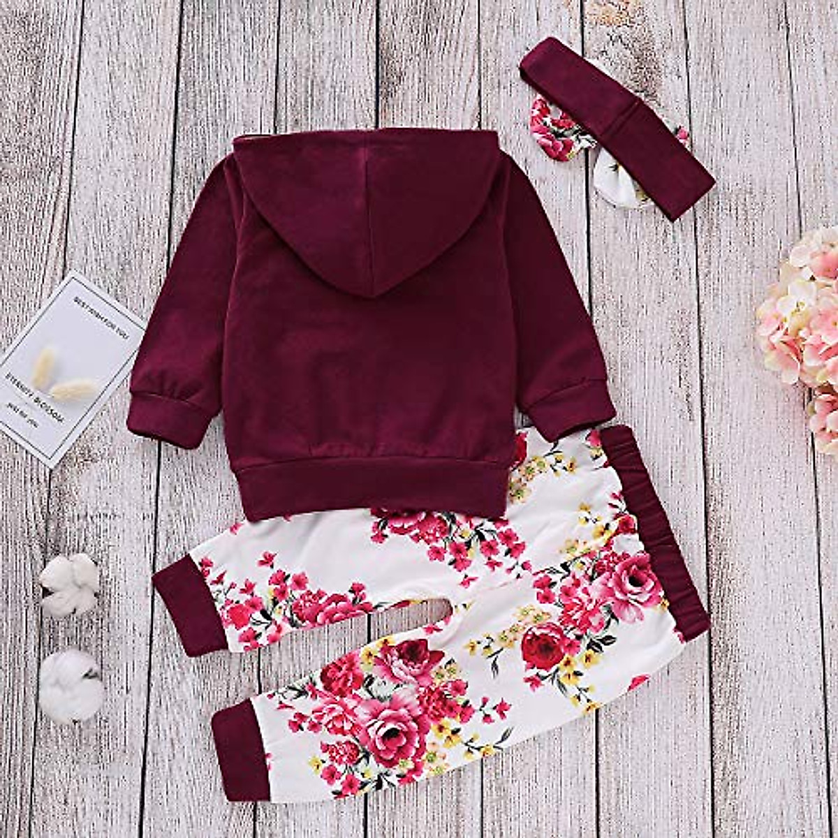 Camidy 1-5T Baby Girls Toddler Floral Hoodies Hooded Tops + Pants + Headband 3Pcs Outfits Clothes Set Purplish Red
