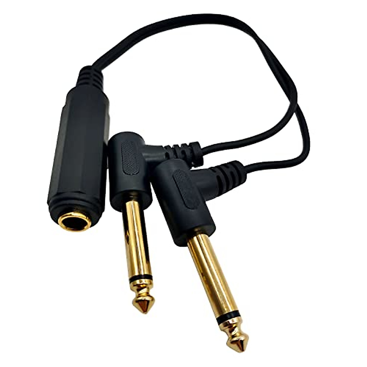 Qaoquda 1/4 inch Splitter Cable, 1 Feet Gold Plated 6.35mm Female to Dual 2 x 1/4" Male TS Mono 90 Degree Right Angle Y Splitter Audio Cable (635F/2M)