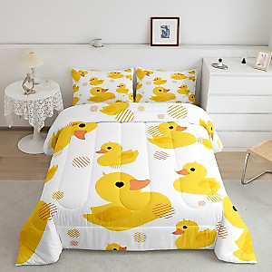Erosebridal Cartoon Duck Comforter Set for Kids Boys Girls,Lovely Yellow Duck Bedding Set,Cute Hand Drawn Duck Duvet Insert Twin,Lovely Farmhouse Animal Quilt Comforter with 1 Pillowcase