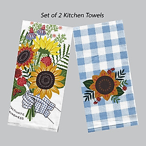 Celebrate Kitchen Towel Set of 2, Sunflowers Blue and White Buffalo Plaid Dishtowels