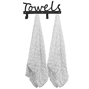 MyGift Wall Mounted Black Metal Towel Rack with 4 Hooks, Hanging Kitchen and Bathroom Storage Towel Hooks with Towels Letter Cut Out Design