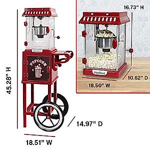 West Bend PCMC20RD13 Popcorn Cart Non-Stick Stainless Steel Kettle Makes 10 Cups Features Prep Shelf Storage and Wheels for Easy Mobility Includes Measuring Tool, 2.5-Ounce, Red