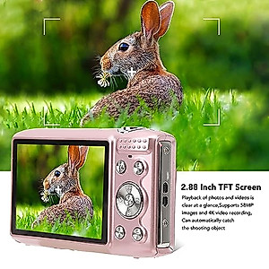 4K Digital Camera, 58MP 16X Zoom Auto Focus Vlogging Camera, Kids Compact Camera with 2.88Inch HD TFT Screen, Face Recognition, Timing Function, Fixed Focus Macro (Pink)
