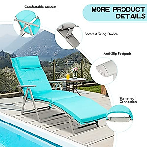 Giantex Chaise Lounge Chair for Outside, Pool Folding Reclining Beach Chair W/Removable Cushion&Headrest Pillow, Outdoor Lounge Chaise w/ 7 Backrest Positions, Portable Patio Lounger (2, Turquoise)