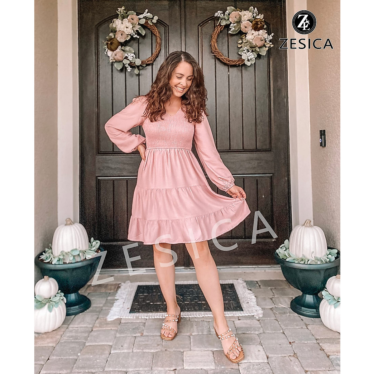 ZESICA Women's Casual V Neck Long Sleeve Smocked High Waist Ruffle A Line Tiered Mini Dress,DarkPink,Medium