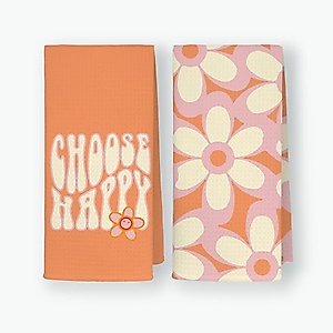 QODUNG Choose Happy Flowers Pattern Soft Kitchen Towels Dishcloths 16x24 Inch Set of 2,Retro 1970s Groovy Drying Cloth Hand Towels Tea Towels for Dorm,Teen Girls Gift