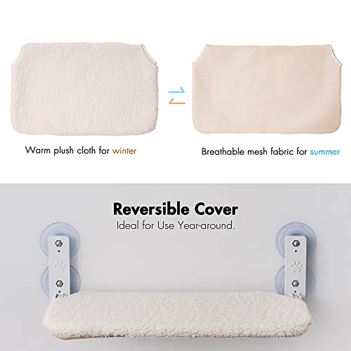 Cat Window Perch Durable Cat Hammock Seat for Indoor Cats Reversible Mat Use Year-Around Foldable Cat Bed Providing All-Around Sunbath Saving Space Washable Holds Up to 40 lbs (Plush Beige)