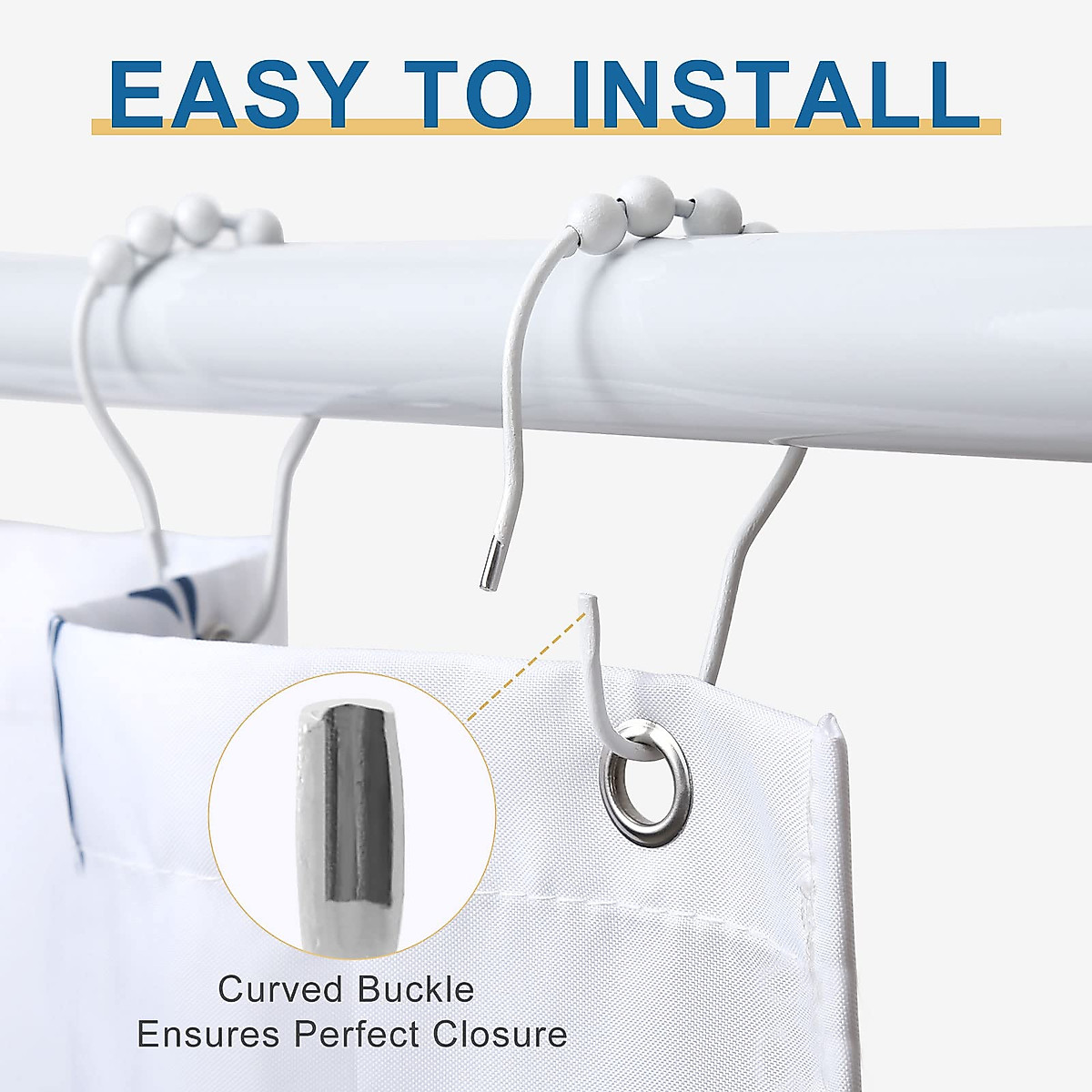 Shower Curtain Hooks, OEH Stainless Steel Shower Curtain Rings, Roller Gliding Shower Hooks for Shower Curtain, Rustproof Shower Rings for Curtain, Shower Curtain, Shower Rod, Set of 12, White